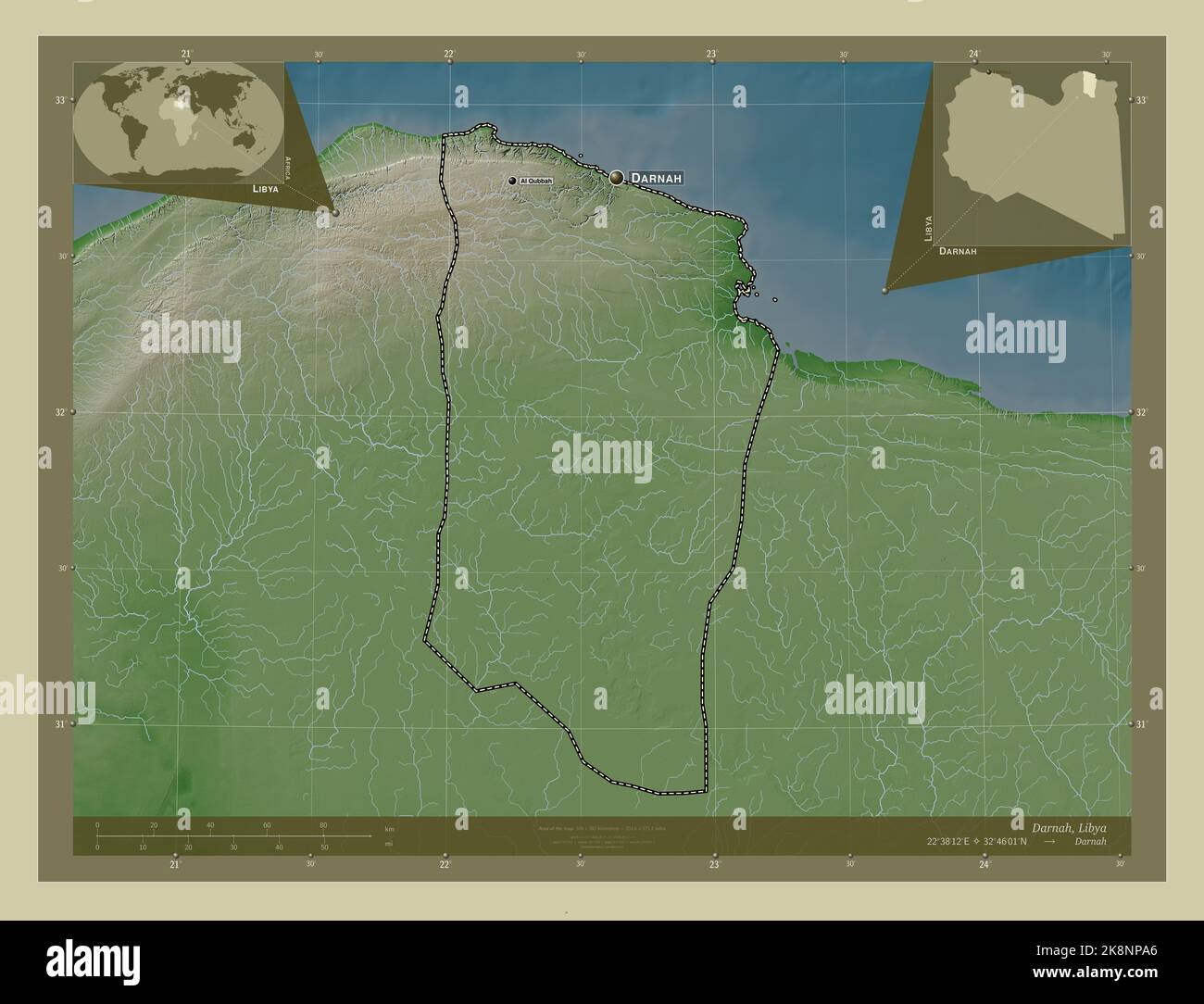 Darnah, district of Libya. Elevation map colored in wiki style with ...