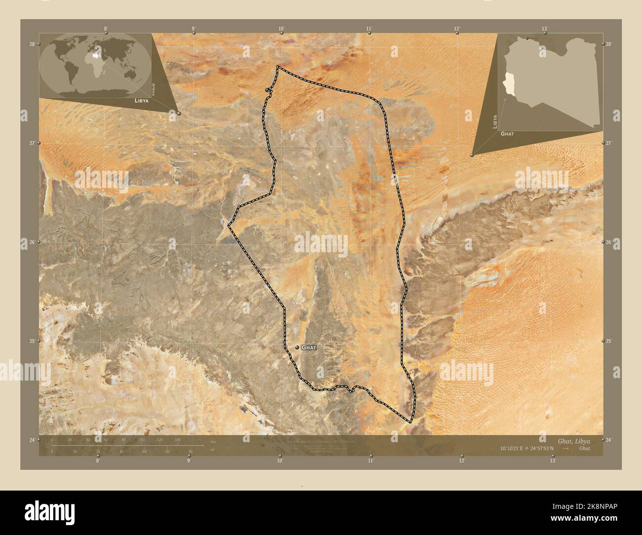 Ghat, district of Libya. High resolution satellite map. Locations and ...