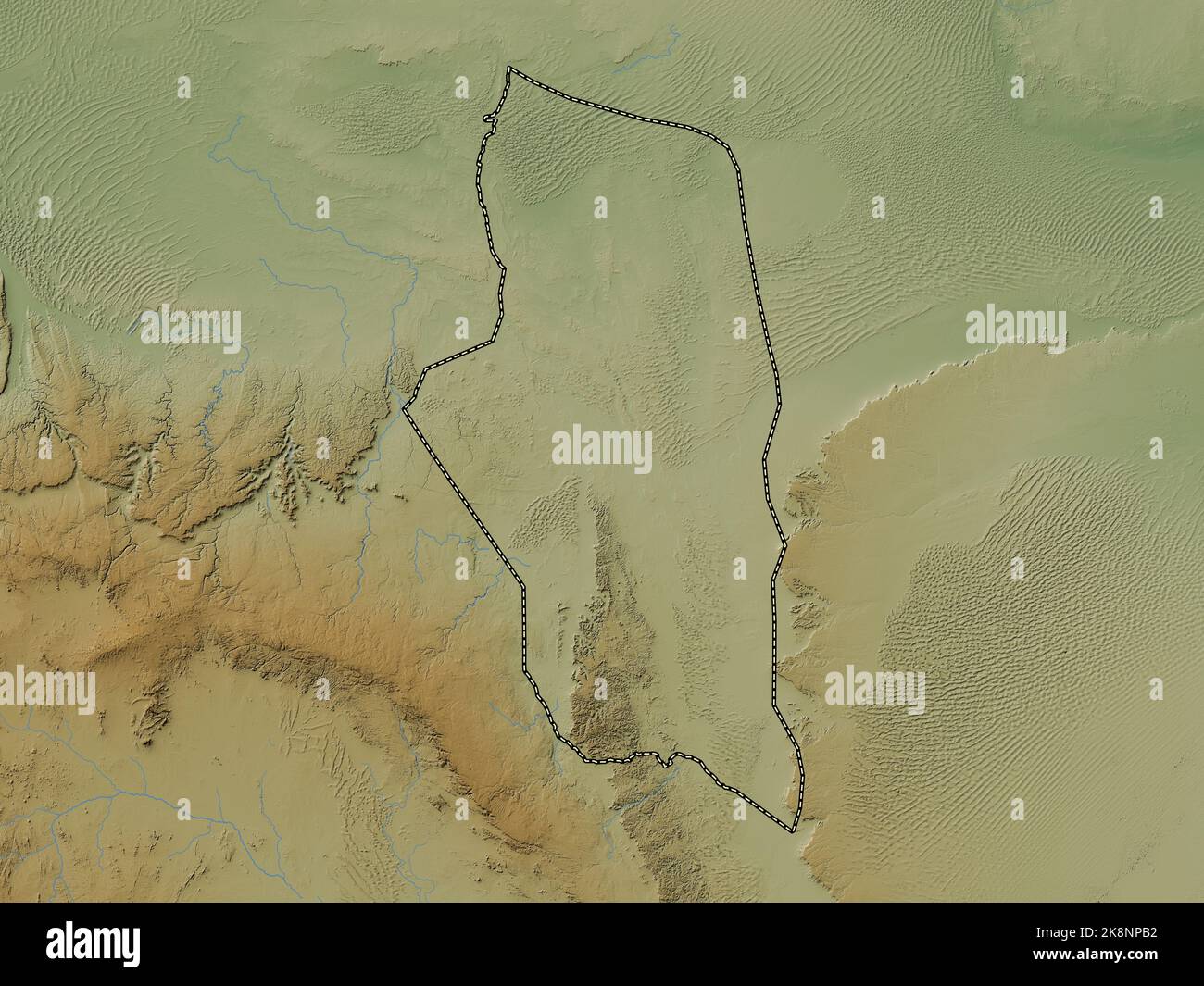 Ghat, district of Libya. Colored elevation map with lakes and rivers ...