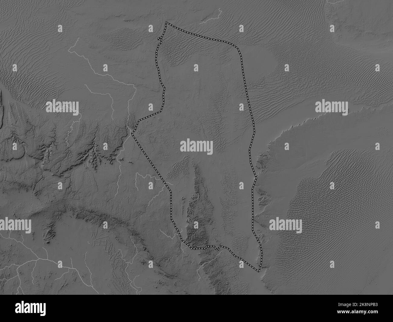 Ghat, district of Libya. Grayscale elevation map with lakes and rivers ...