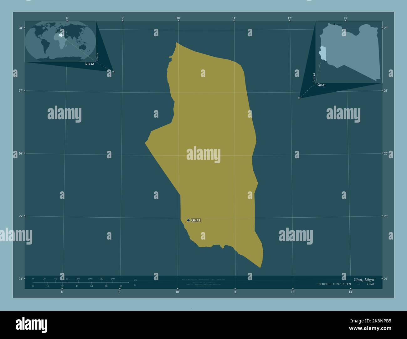 Ghat, district of Libya. Solid color shape. Locations and names of ...