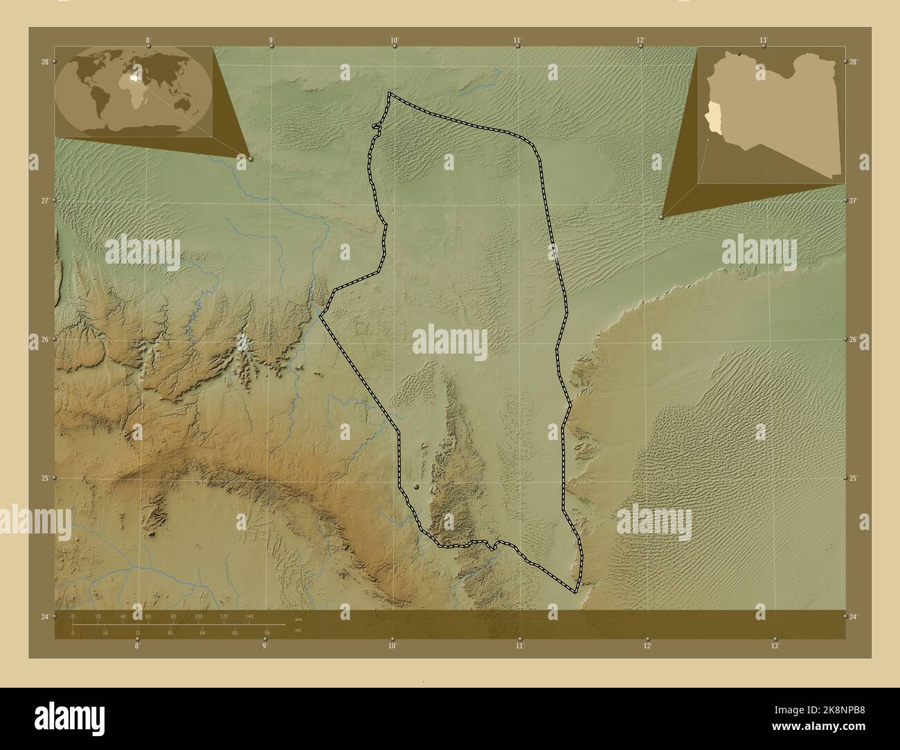 Ghat, district of Libya. Colored elevation map with lakes and rivers ...