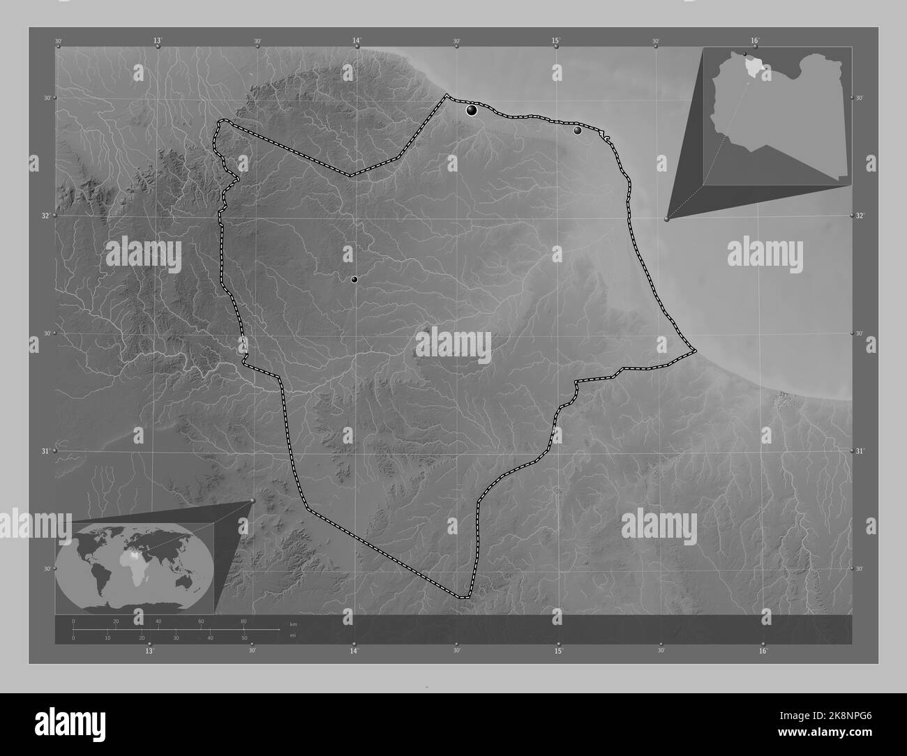 Misratah, district of Libya. Grayscale elevation map with lakes and ...
