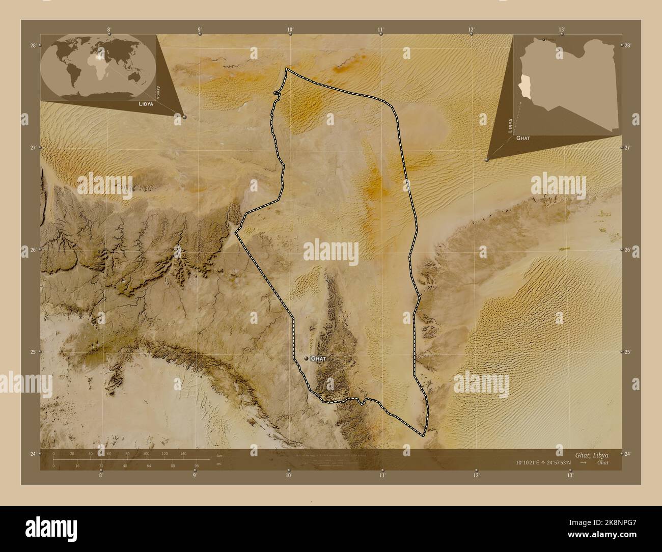 Ghat, district of Libya. Low resolution satellite map. Locations and ...