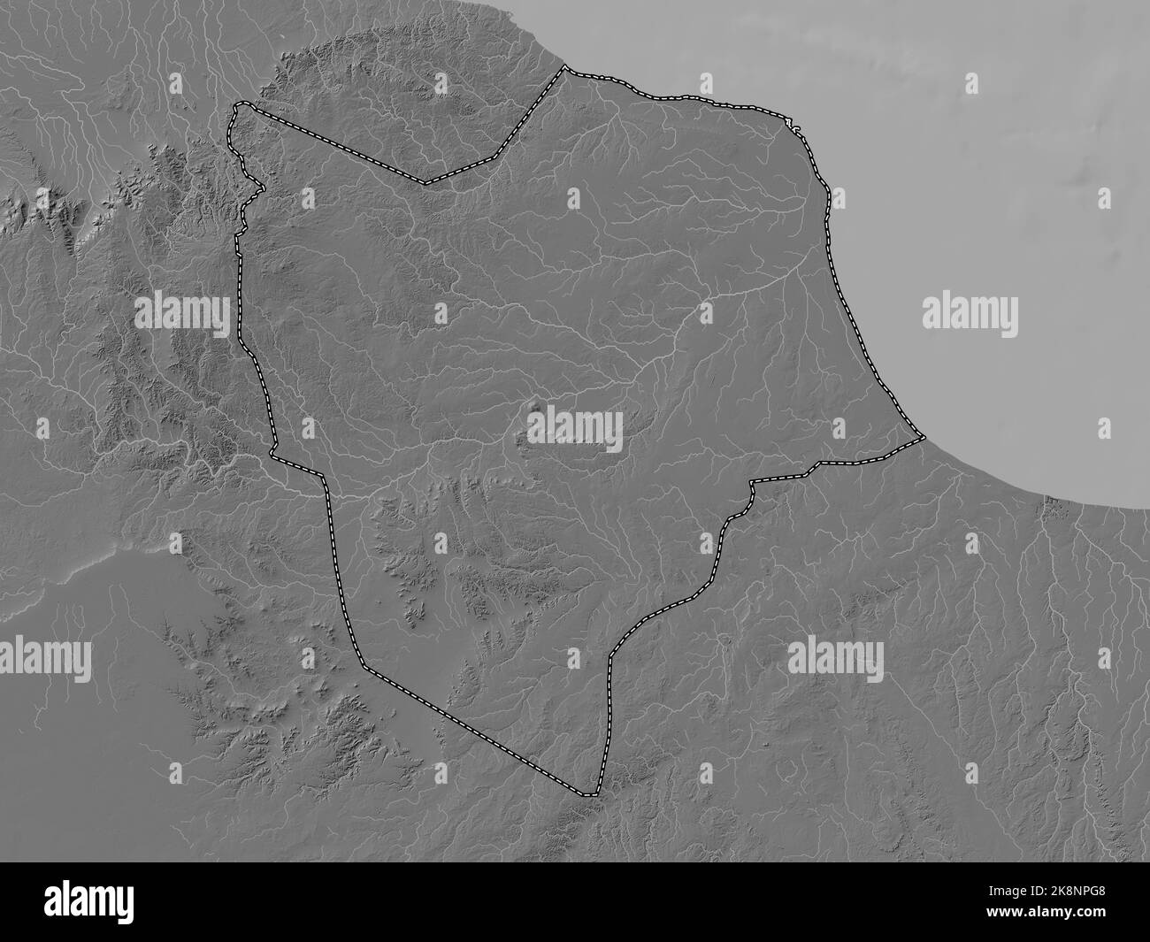 Misratah, district of Libya. Bilevel elevation map with lakes and ...