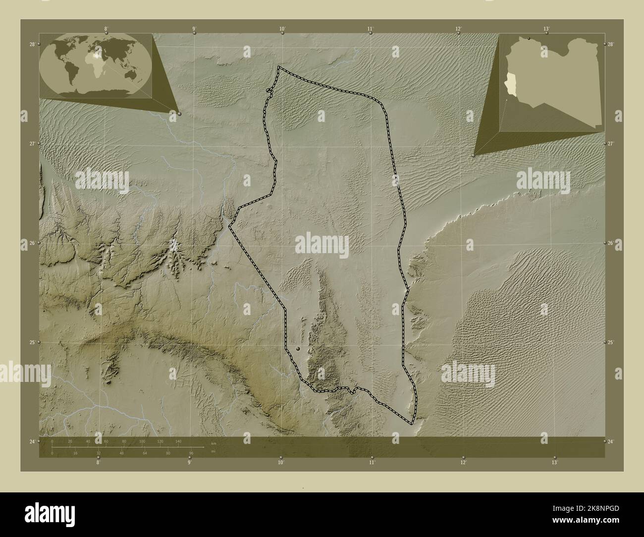 Ghat, district of Libya. Elevation map colored in wiki style with lakes ...