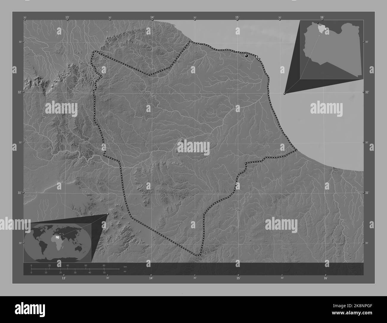 Misratah, district of Libya. Bilevel elevation map with lakes and ...