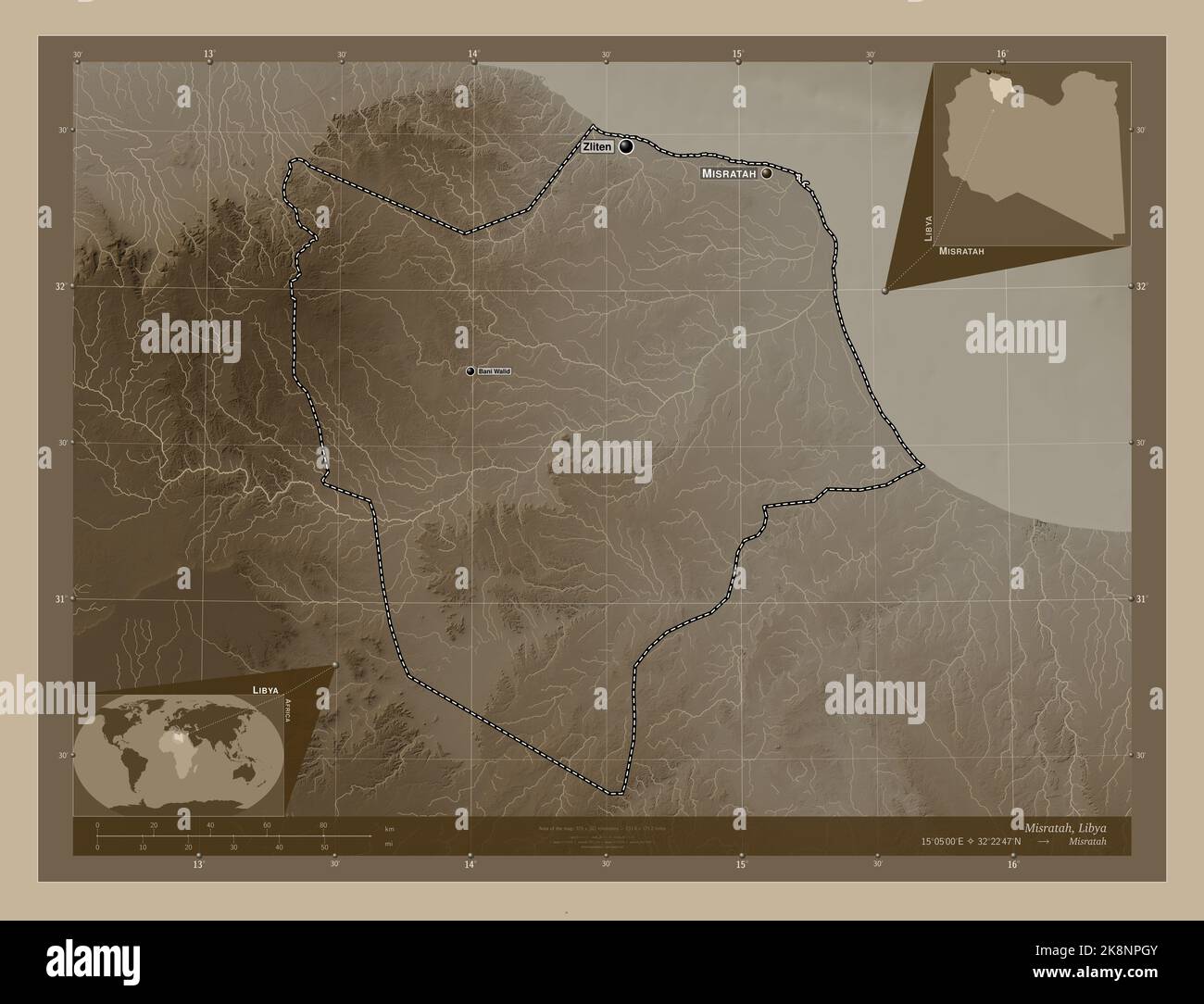 Misratah, district of Libya. Elevation map colored in sepia tones with ...