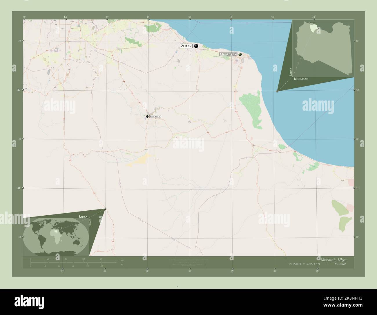Misratah, district of Libya. Open Street Map. Locations and names of ...