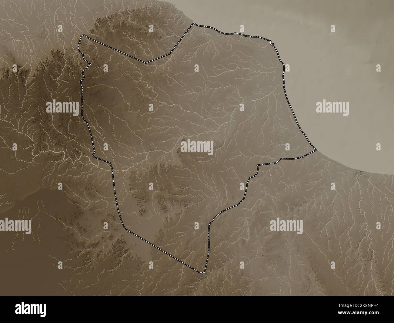 Misratah, district of Libya. Elevation map colored in sepia tones with ...