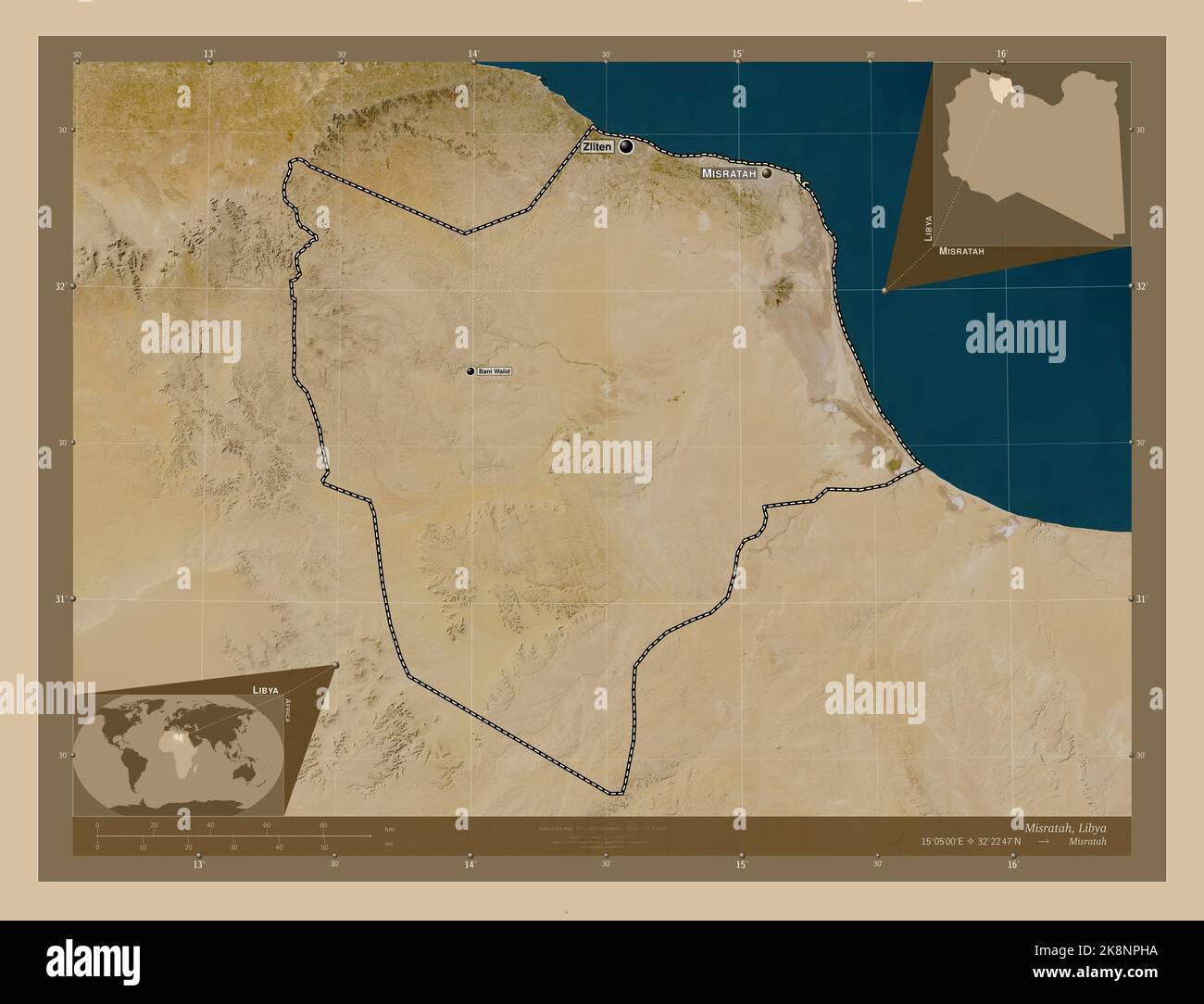 Misratah, district of Libya. Low resolution satellite map. Locations ...