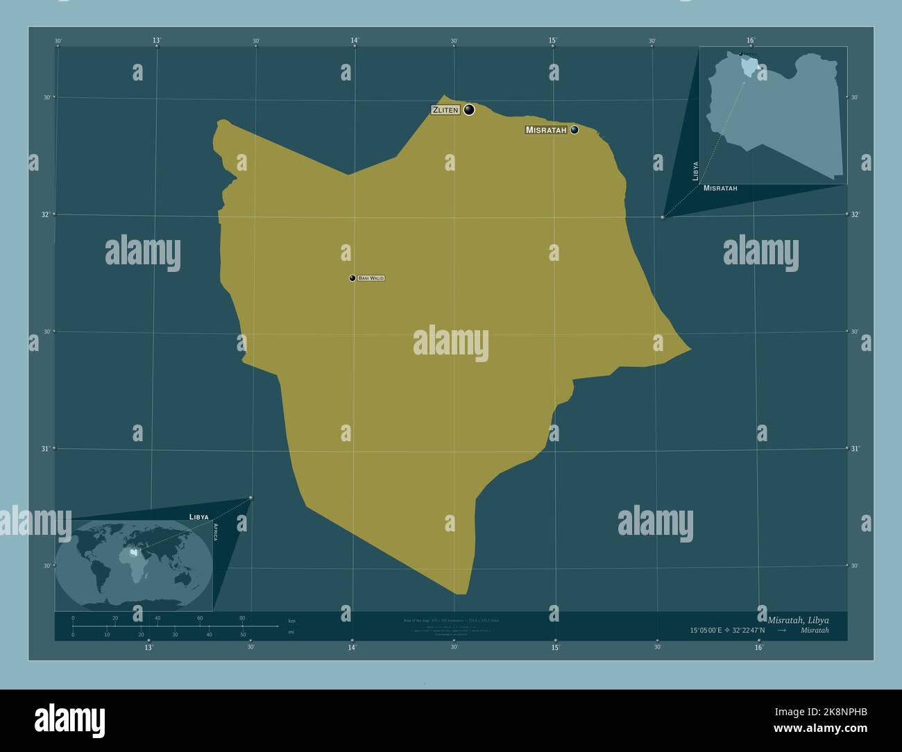 Misratah, district of Libya. Solid color shape. Locations and names of ...