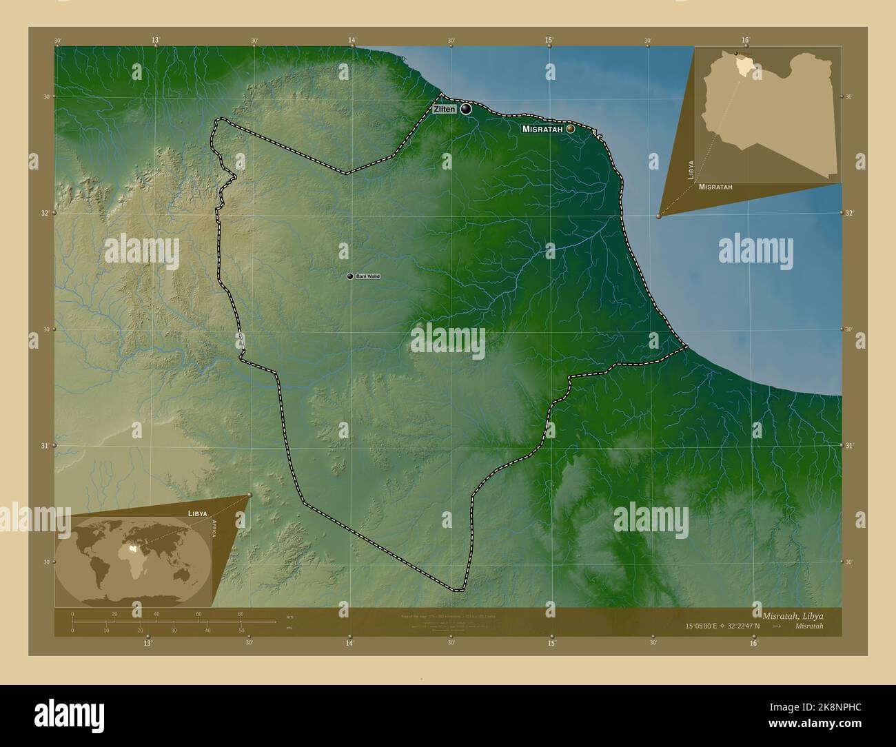 Misratah, district of Libya. Colored elevation map with lakes and ...