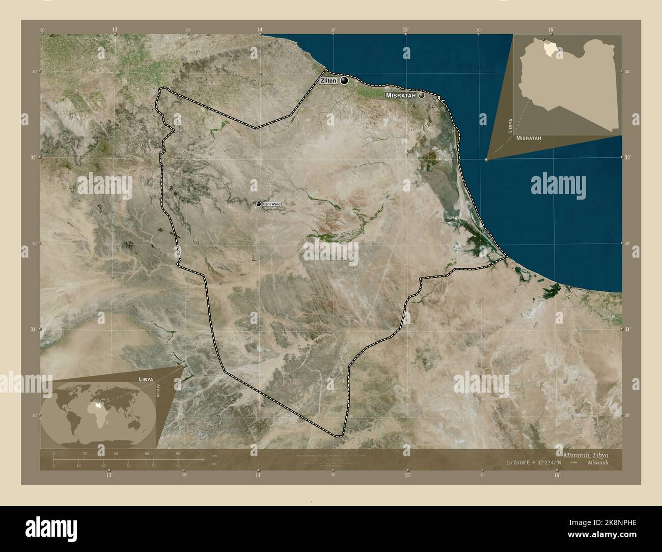 Misratah, district of Libya. High resolution satellite map. Locations ...