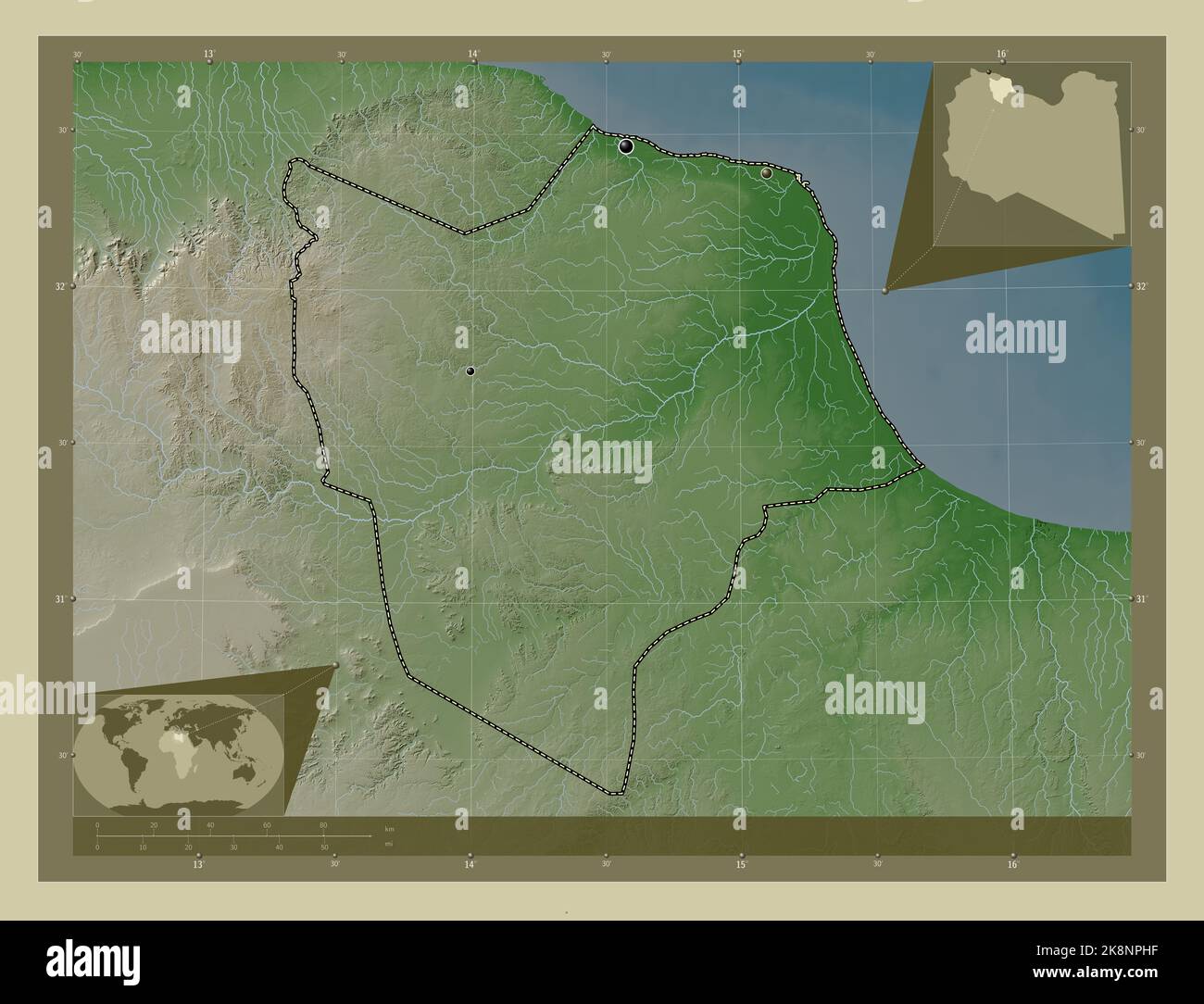 Misratah, district of Libya. Elevation map colored in wiki style with ...