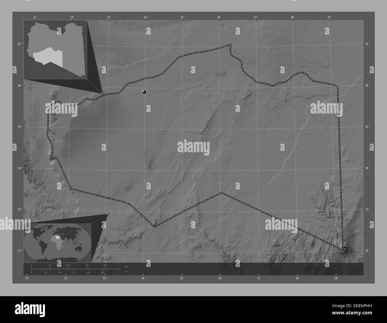 Murzuq, district of Libya. Bilevel elevation map with lakes and rivers ...