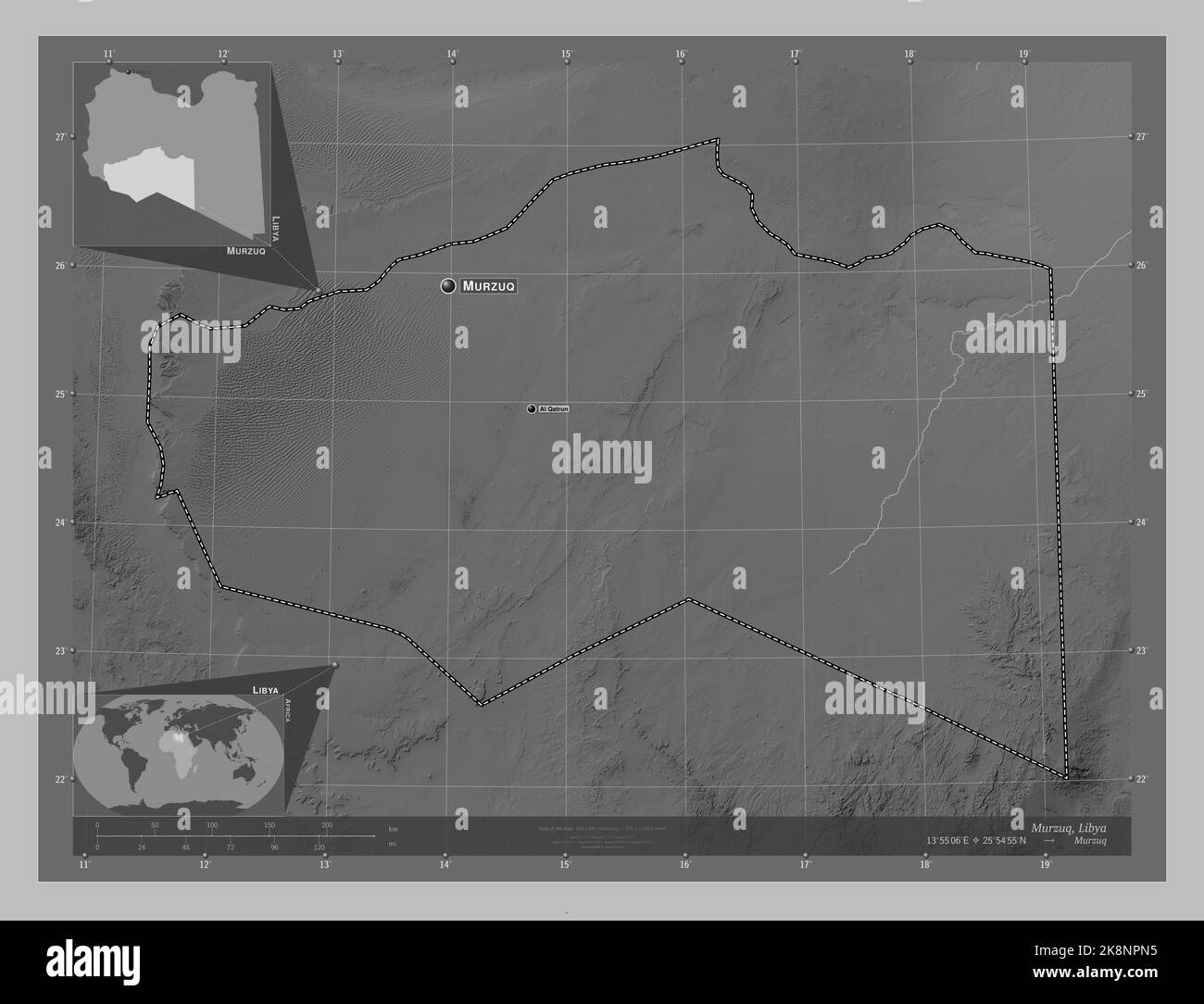Murzuq, district of Libya. Grayscale elevation map with lakes and ...