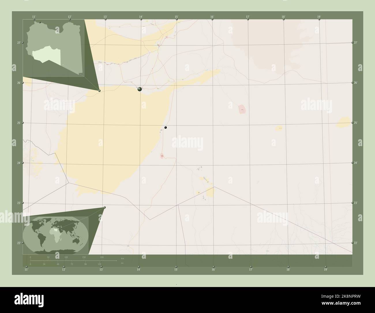 Murzuq, district of Libya. Open Street Map. Locations of major cities ...