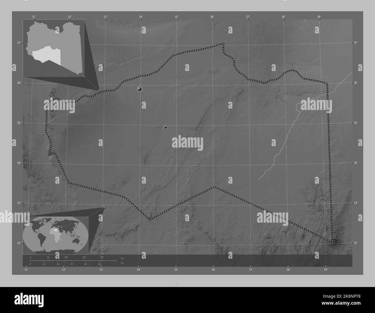 Murzuq, district of Libya. Grayscale elevation map with lakes and ...