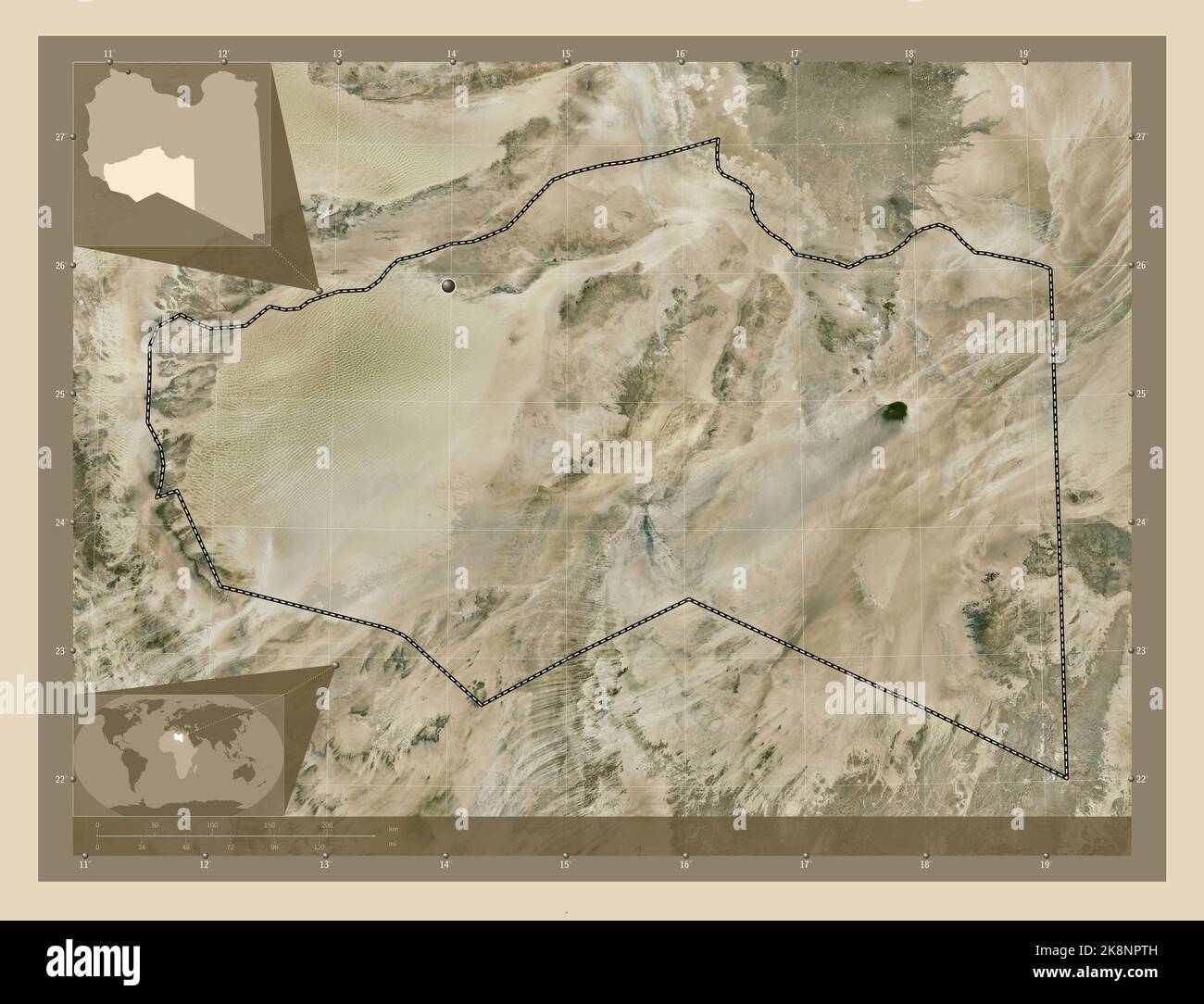 Murzuq, district of Libya. High resolution satellite map. Corner ...