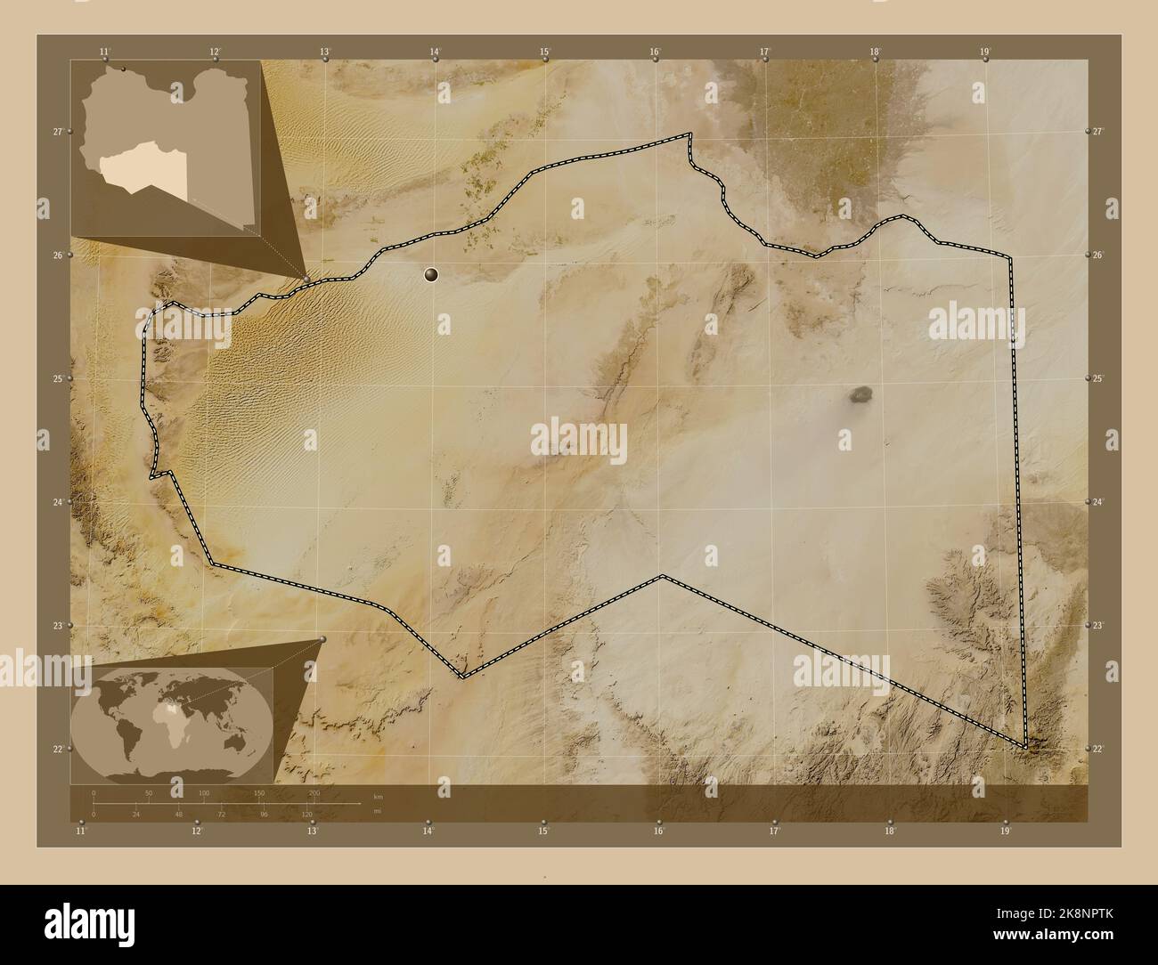 Murzuq, district of Libya. Low resolution satellite map. Corner ...