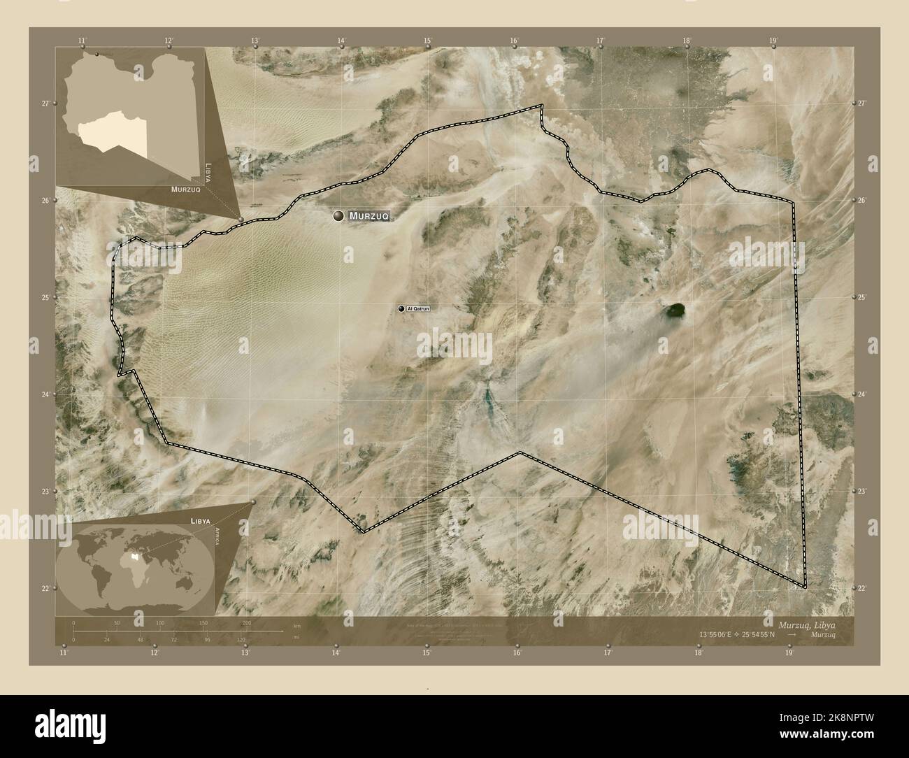Murzuq, district of Libya. High resolution satellite map. Locations and names of major cities of ...