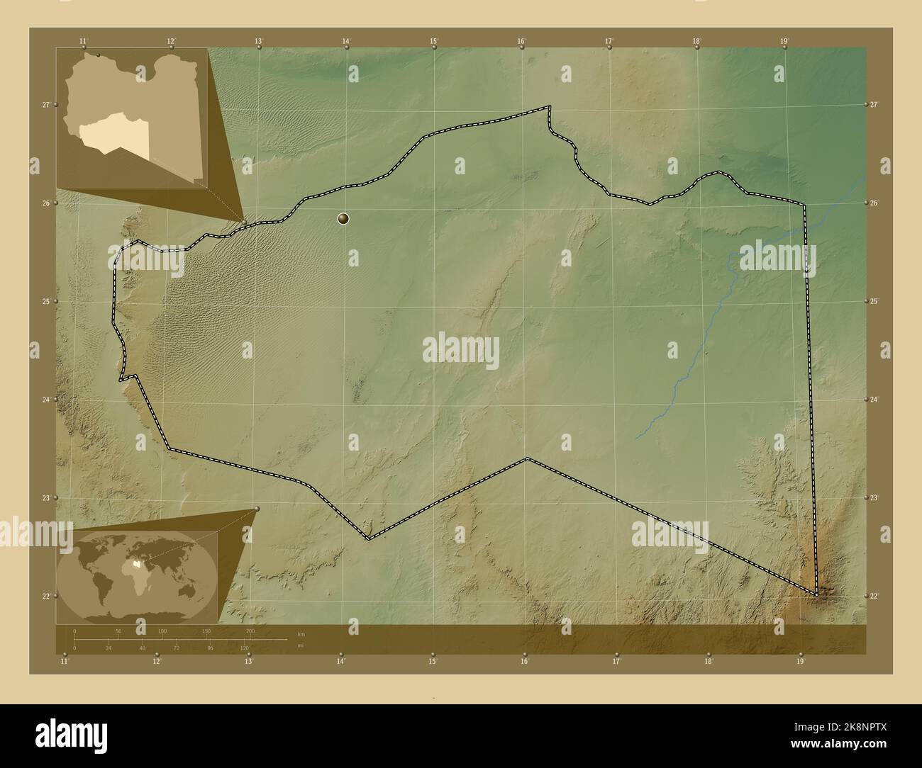 Murzuq, district of Libya. Colored elevation map with lakes and rivers ...