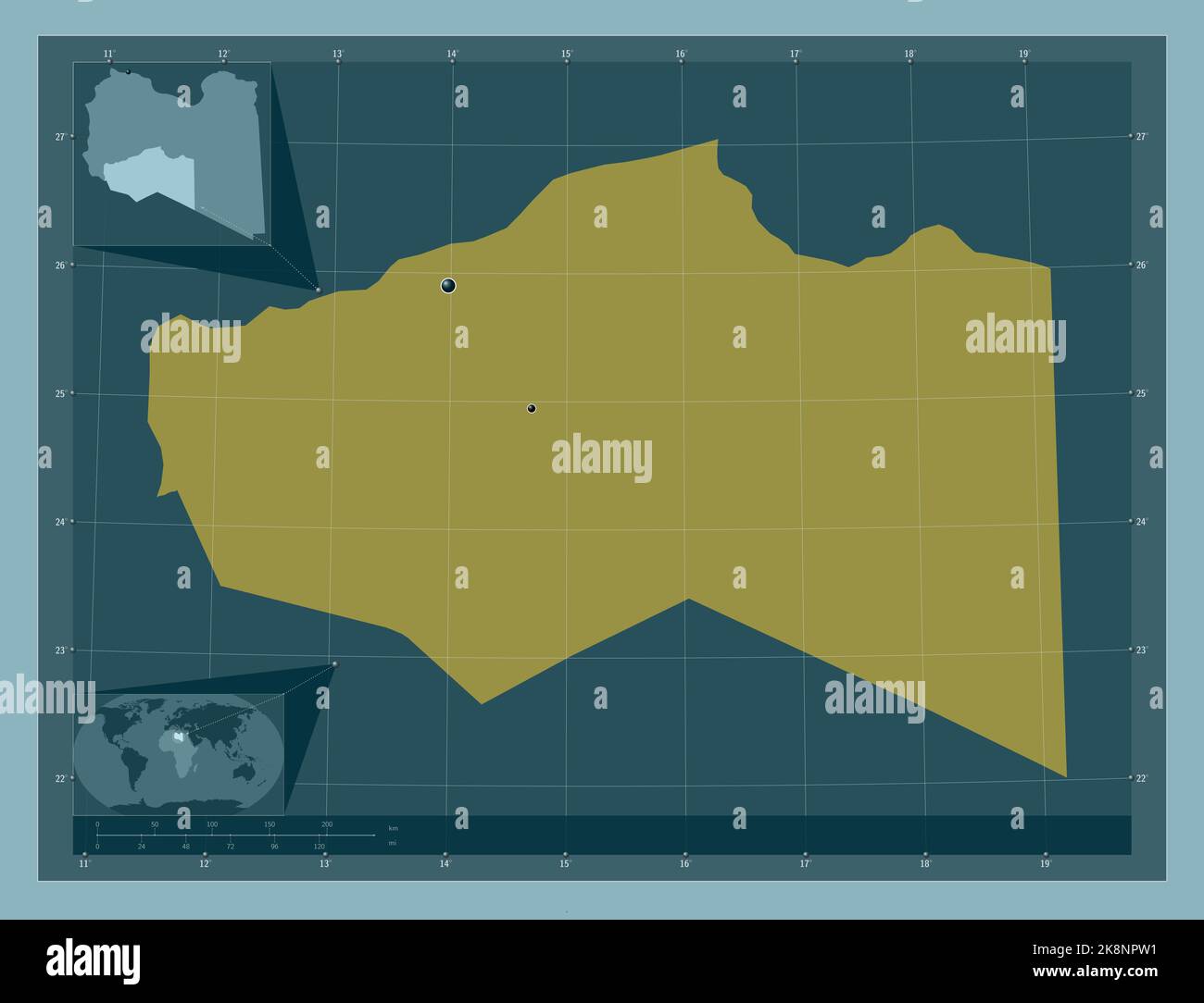 Murzuq, district of Libya. Solid color shape. Locations of major cities ...