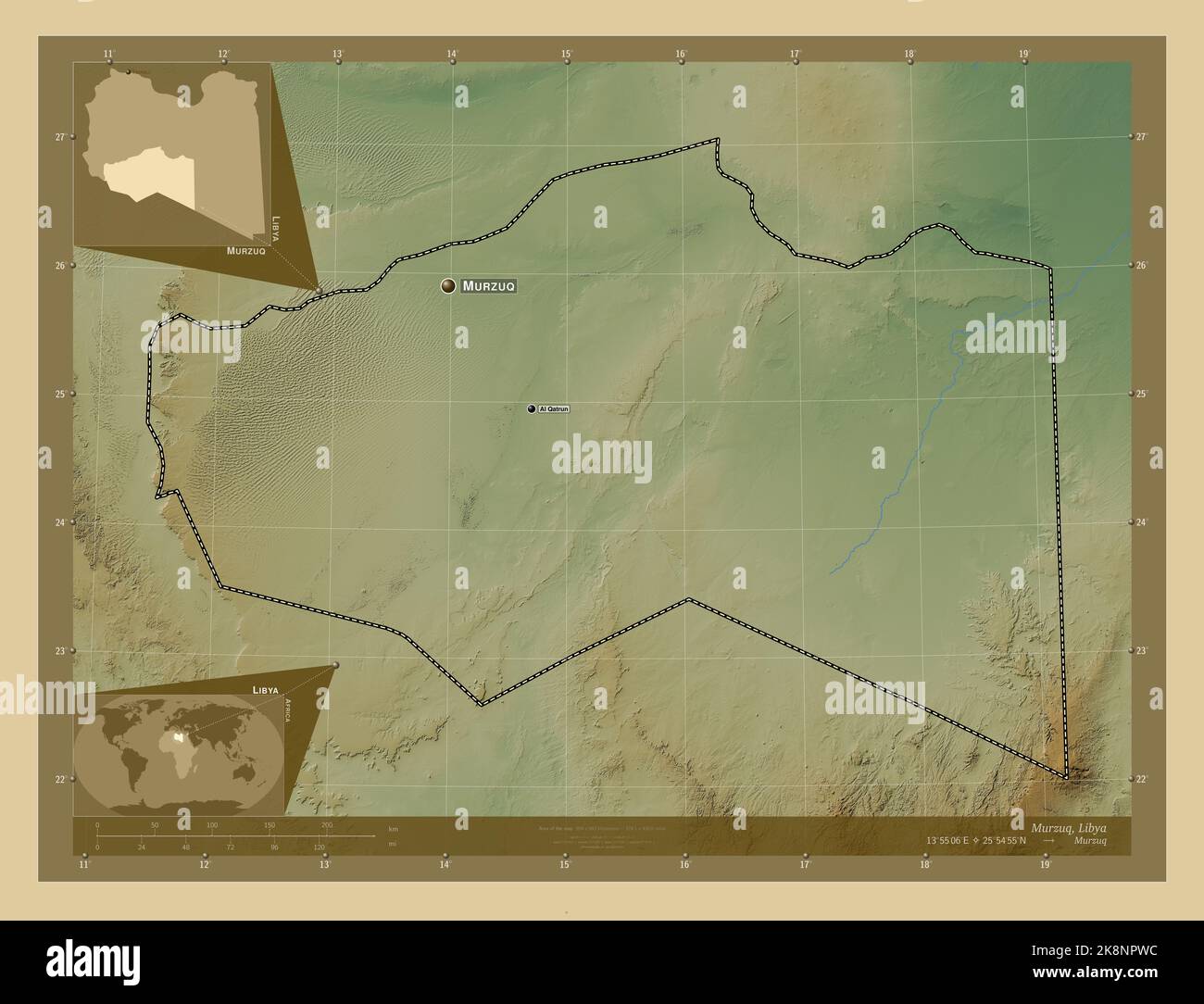 Murzuq, district of Libya. Colored elevation map with lakes and rivers ...