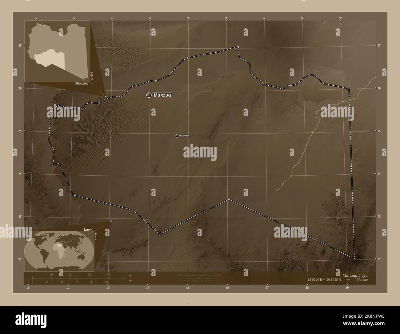 Murzuq, district of Libya. Elevation map colored in sepia tones with ...