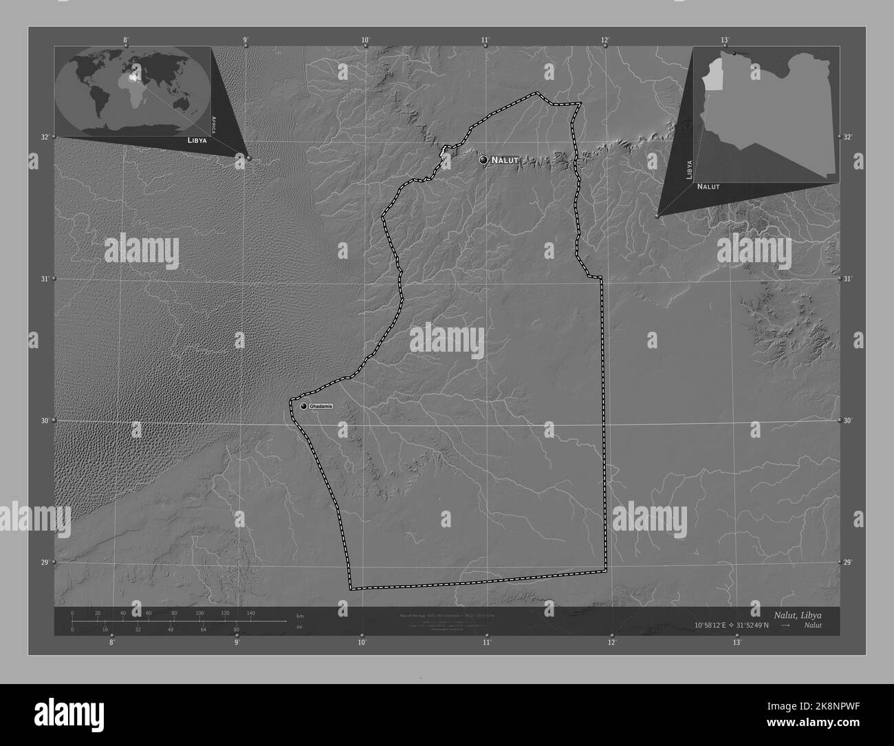 Nalut, district of Libya. Bilevel elevation map with lakes and rivers ...