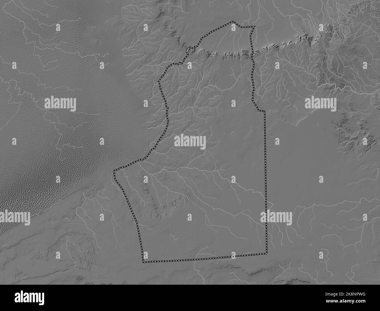 Nalut, district of Libya. Bilevel elevation map with lakes and rivers ...