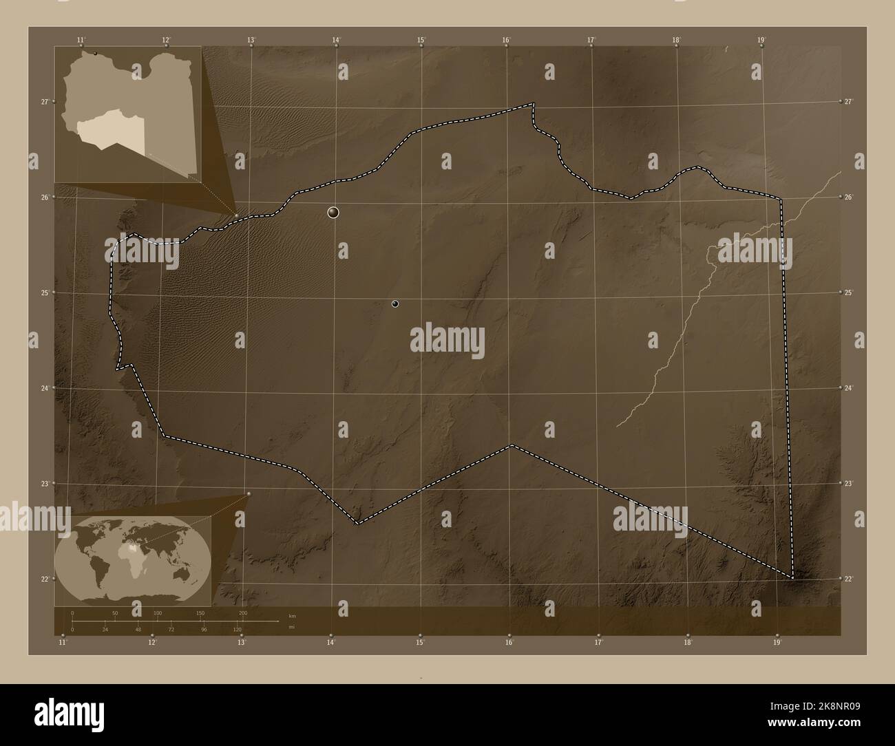 Murzuq, district of Libya. Elevation map colored in sepia tones with ...