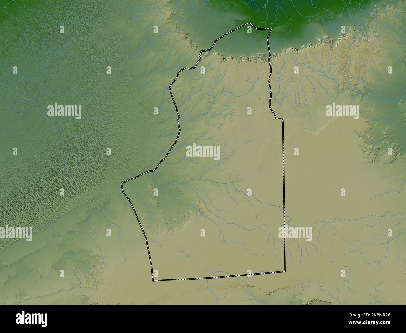 Nalut, district of Libya. Colored elevation map with lakes and rivers ...