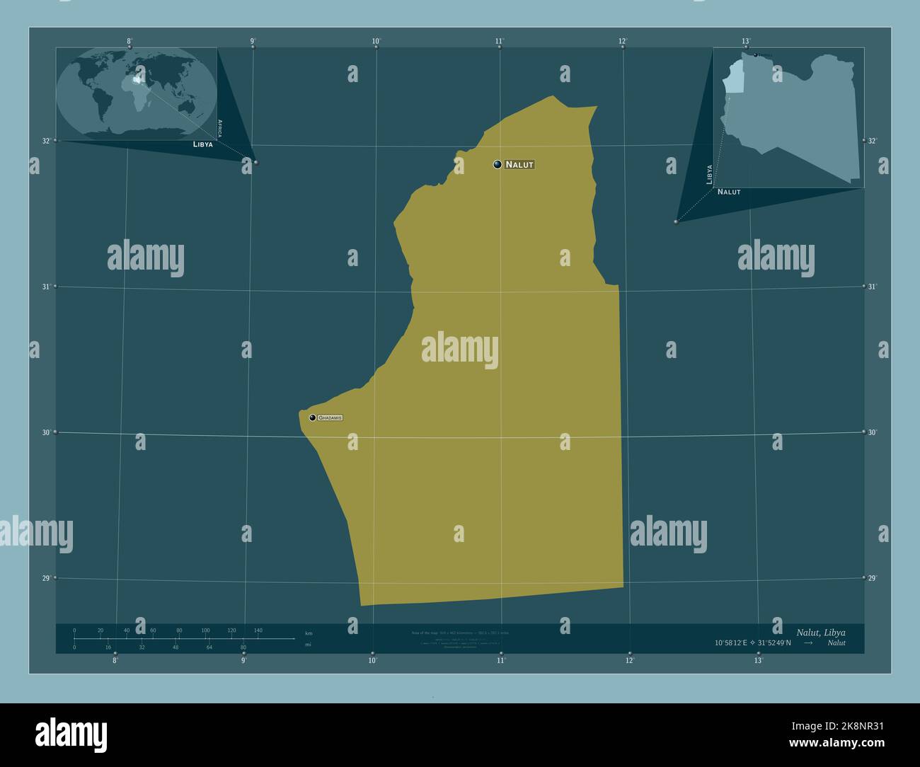 Nalut, district of Libya. Solid color shape. Locations and names of ...