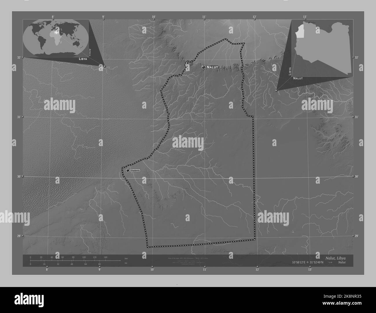 Nalut, district of Libya. Grayscale elevation map with lakes and rivers ...