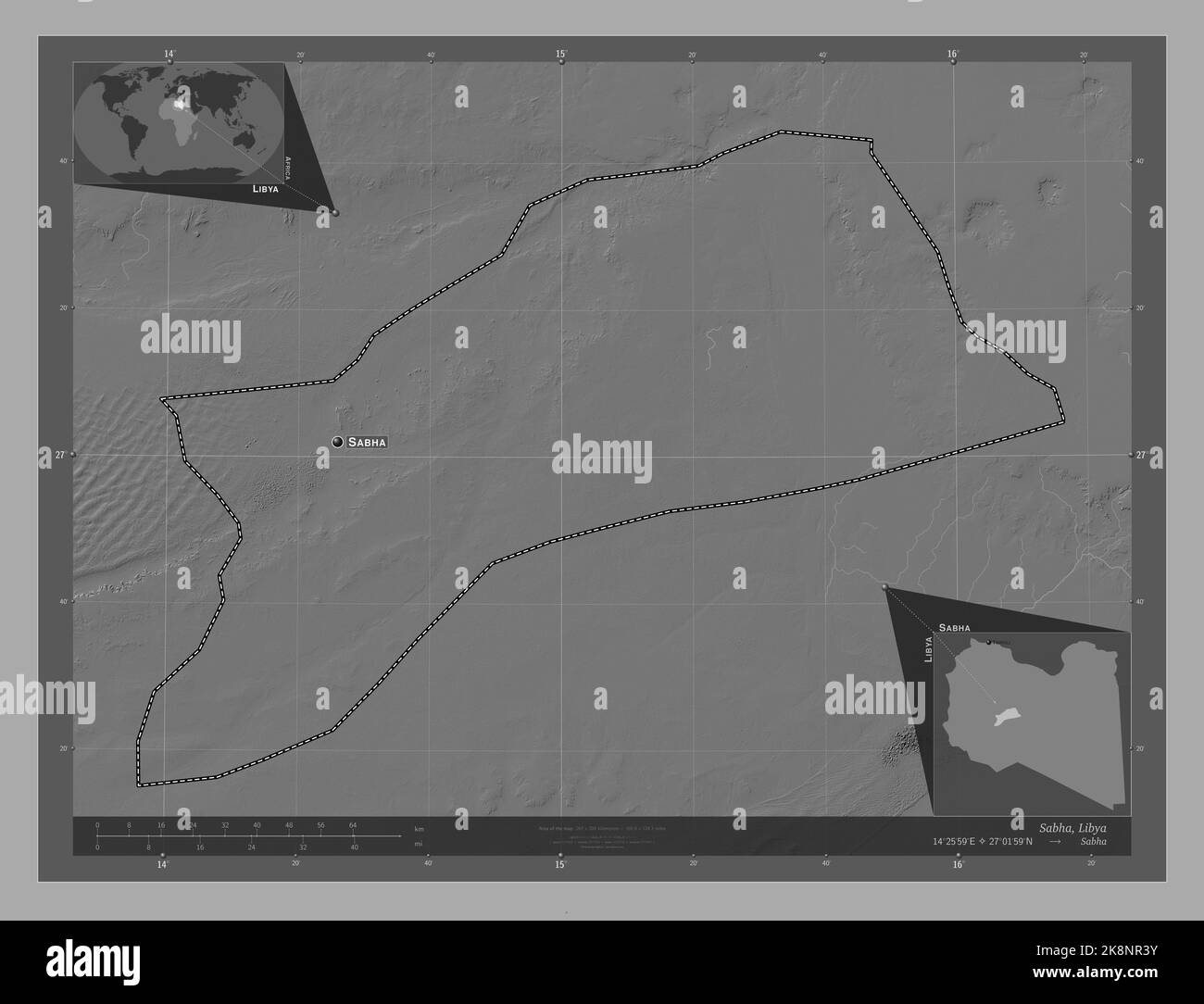 Sabha, district of Libya. Bilevel elevation map with lakes and rivers ...
