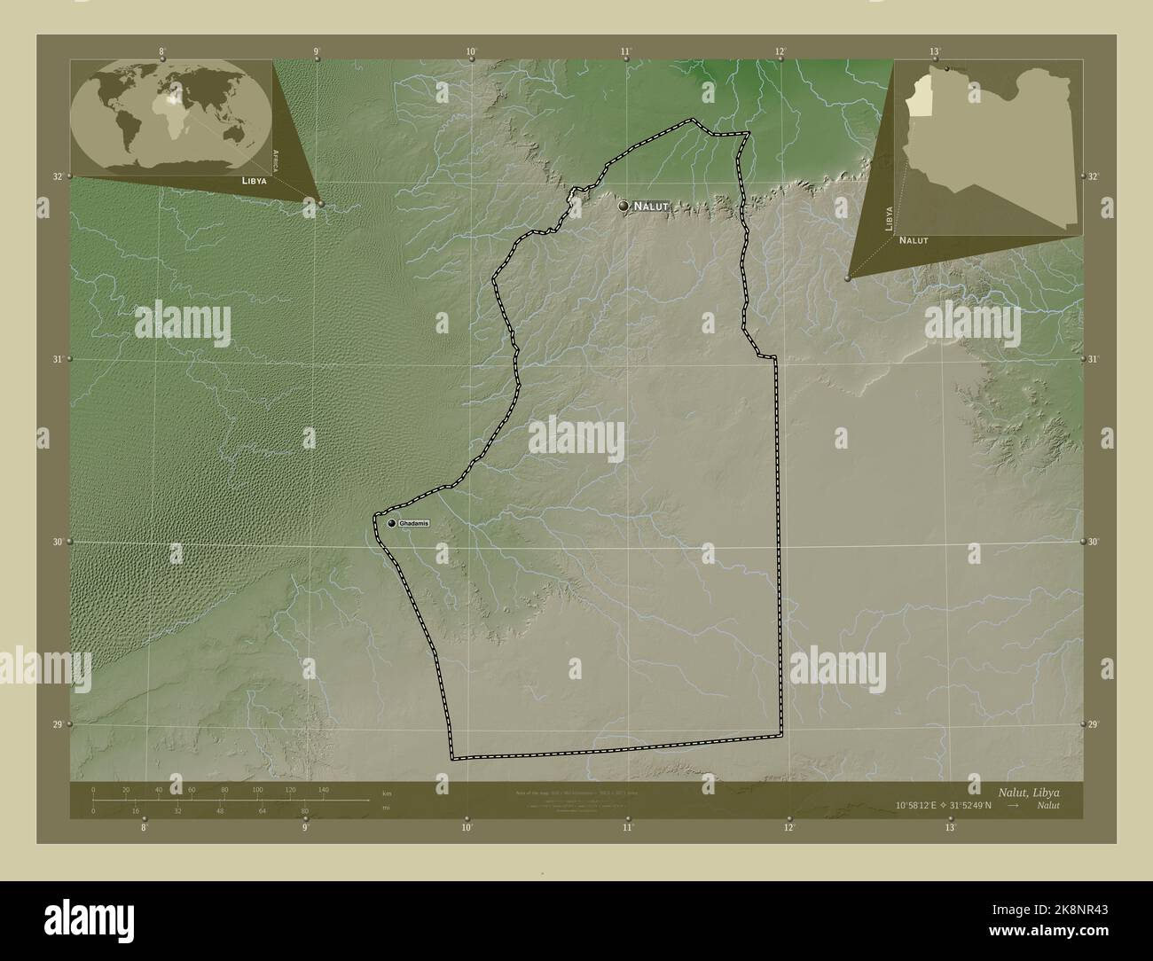 Nalut, district of Libya. Elevation map colored in wiki style with ...