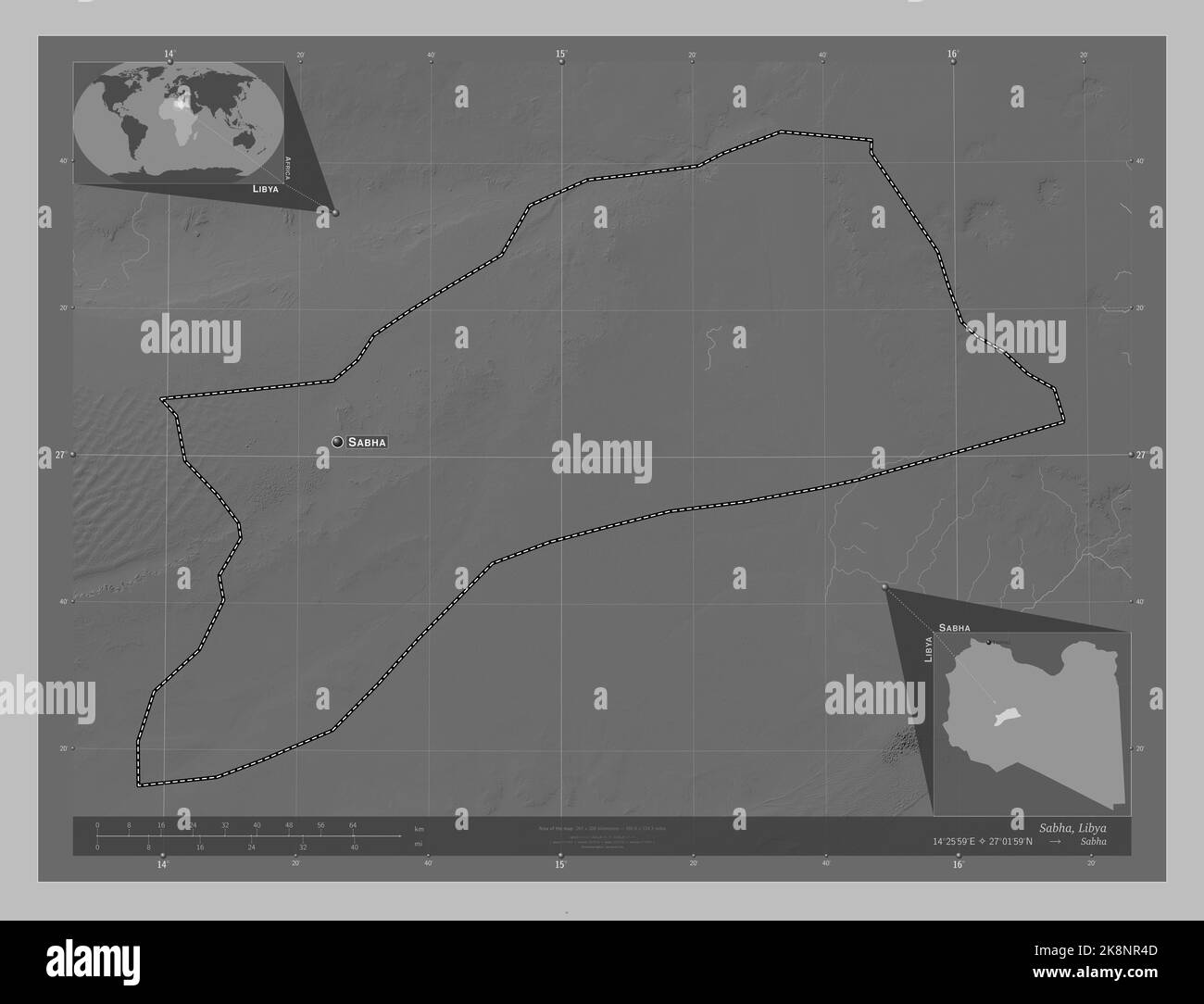 Sabha, district of Libya. Grayscale elevation map with lakes and rivers ...