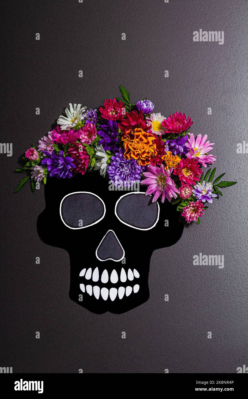 Paper human skull for Mexico's Day of the Dead (El Dia de Muertos) with ...