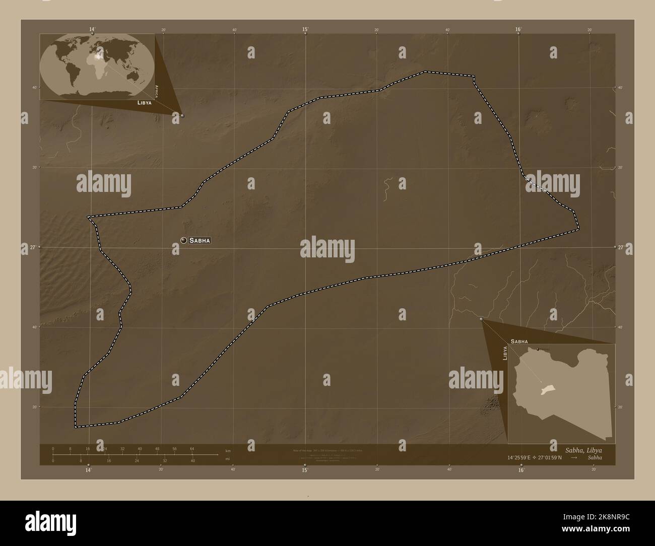 Sabha, district of Libya. Elevation map colored in sepia tones with ...