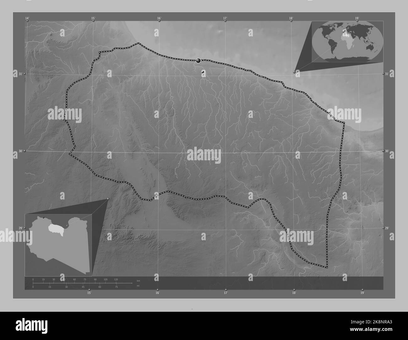 Surt, district of Libya. Grayscale elevation map with lakes and rivers ...