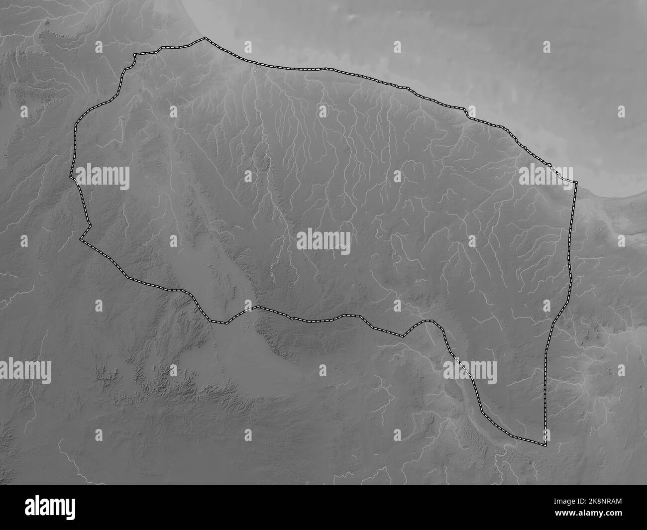 Surt, district of Libya. Grayscale elevation map with lakes and rivers ...