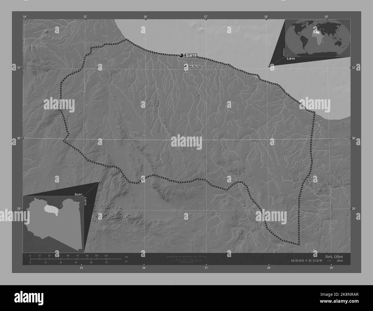 Surt, district of Libya. Bilevel elevation map with lakes and rivers ...