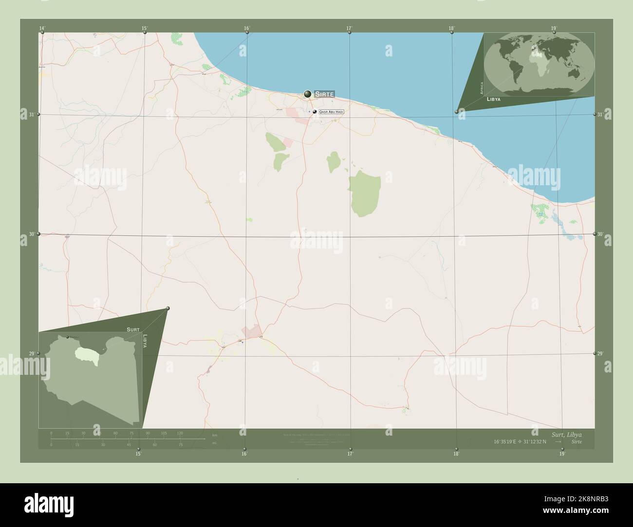 Surt, district of Libya. Open Street Map. Locations and names of major cities of the region ...