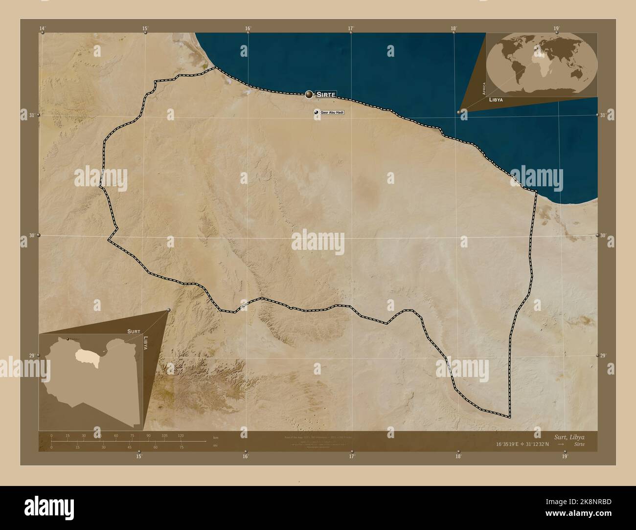 Surt, district of Libya. Low resolution satellite map. Locations and ...