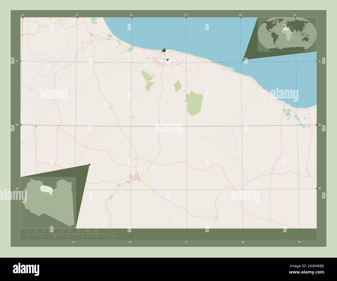 Surt, district of Libya. Open Street Map. Locations of major cities of ...