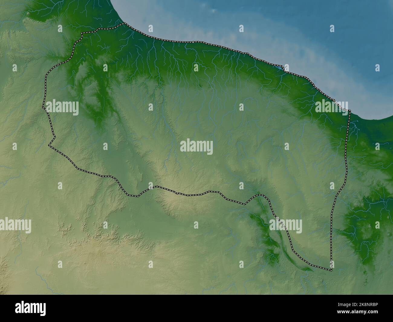 Surt, district of Libya. Colored elevation map with lakes and rivers ...