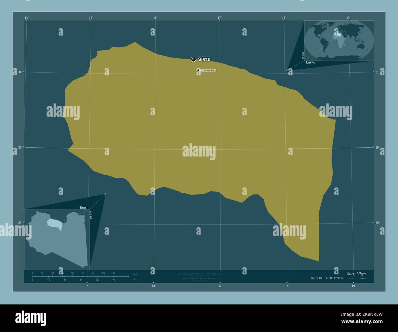 Surt, district of Libya. Solid color shape. Locations and names of ...