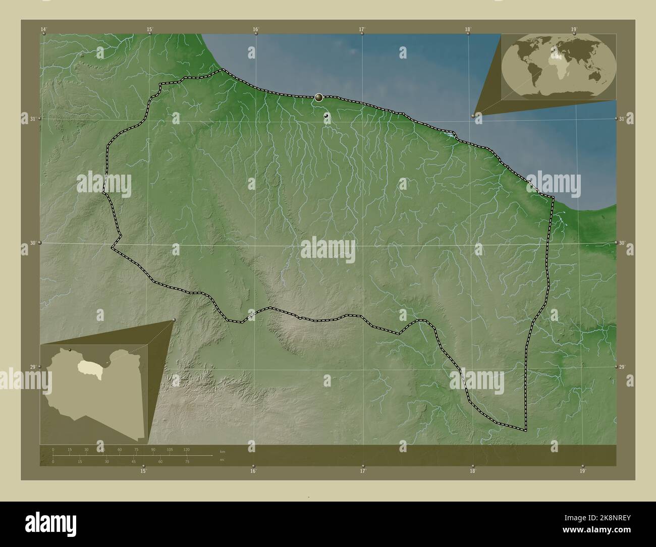 Surt, district of Libya. Elevation map colored in wiki style with lakes ...